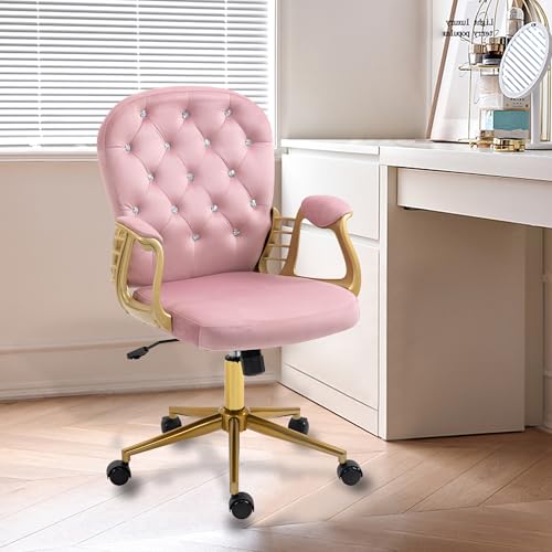 cayglow Velvet Home Office Desk Chair Comfy with Gold Legs and Arms, Comfortable Makeup Vanity Chair with Back and Wheels, Button Tufted Armchair Swivel Rolling Chair for Girls Women Bedroom,Pink