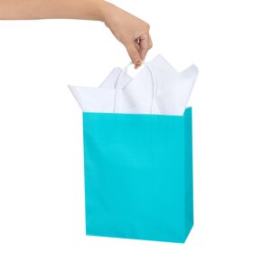 DjinnGlory 50 Pack Medium Size Teal Blue Paper Gift Bags with Handles 10x8x4 Inch and 50 White Tissue Paper for Small Business Wedding Bridal Baby Shower Birthday Party Favors Goodies