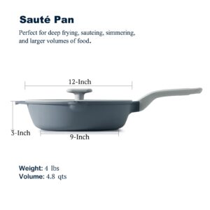 PRICUSIS Nonstick Ceramic Sauté Pan with Lid (4.8 qt, 12 inch), Toxin-Free Deep Frying Pan, Versatile Non Stick Frying Pan, Skillet, PTFE, PFOA & PFAS Free, Compatible with All Stovetops.