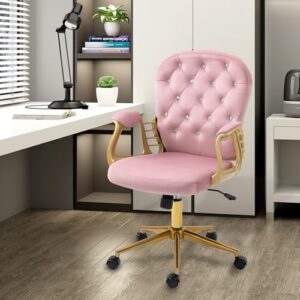 cayglow Velvet Home Office Desk Chair Comfy with Gold Legs and Arms, Comfortable Makeup Vanity Chair with Back and Wheels, Button Tufted Armchair Swivel Rolling Chair for Girls Women Bedroom,Pink