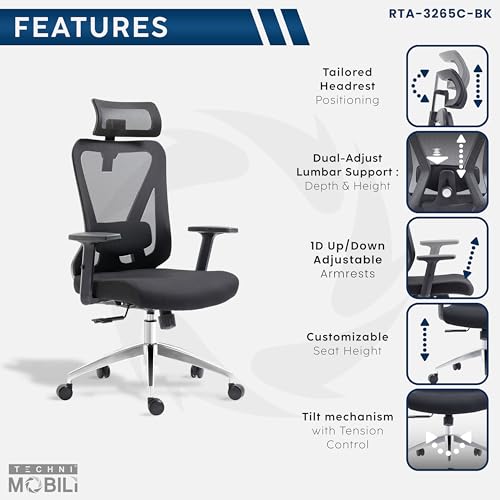 Techni Mobili Truly Ergonomic Office Chair with Lumbar Support & Adjustable Headrest – Breathable Mesh Office Chair with 5 Precision Adjustment Points, Black