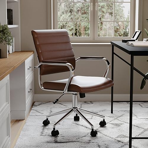 Martha Stewart Piper Swivel Task Chair with Armrests for Home Office in Saddle Brown Faux Leather with Polished Nickel Frame