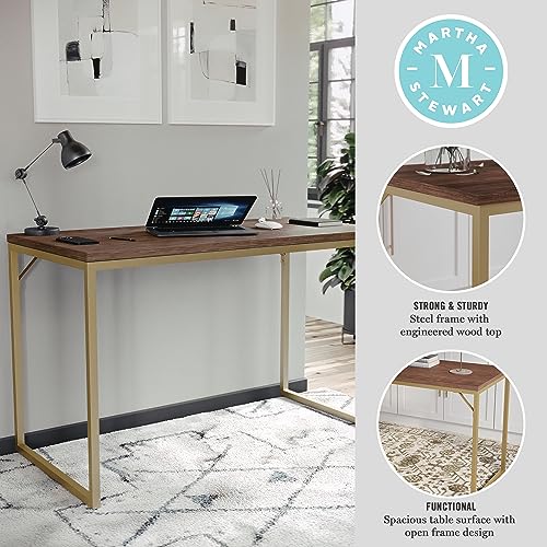 Martha Stewart Noah Home Office Parsons Desk in Walnut Wood Grain with Polished Brass Metal Frame