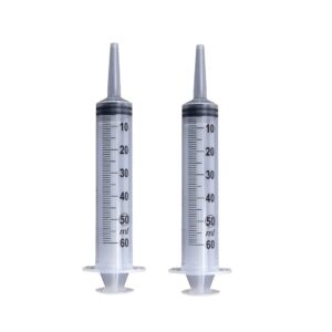 2 pack of plastic graduated large catheter tip syringe 2 oz / 60 ml with cover for dispensing and measuring liquids for automotive, lab work, crafts and gardening