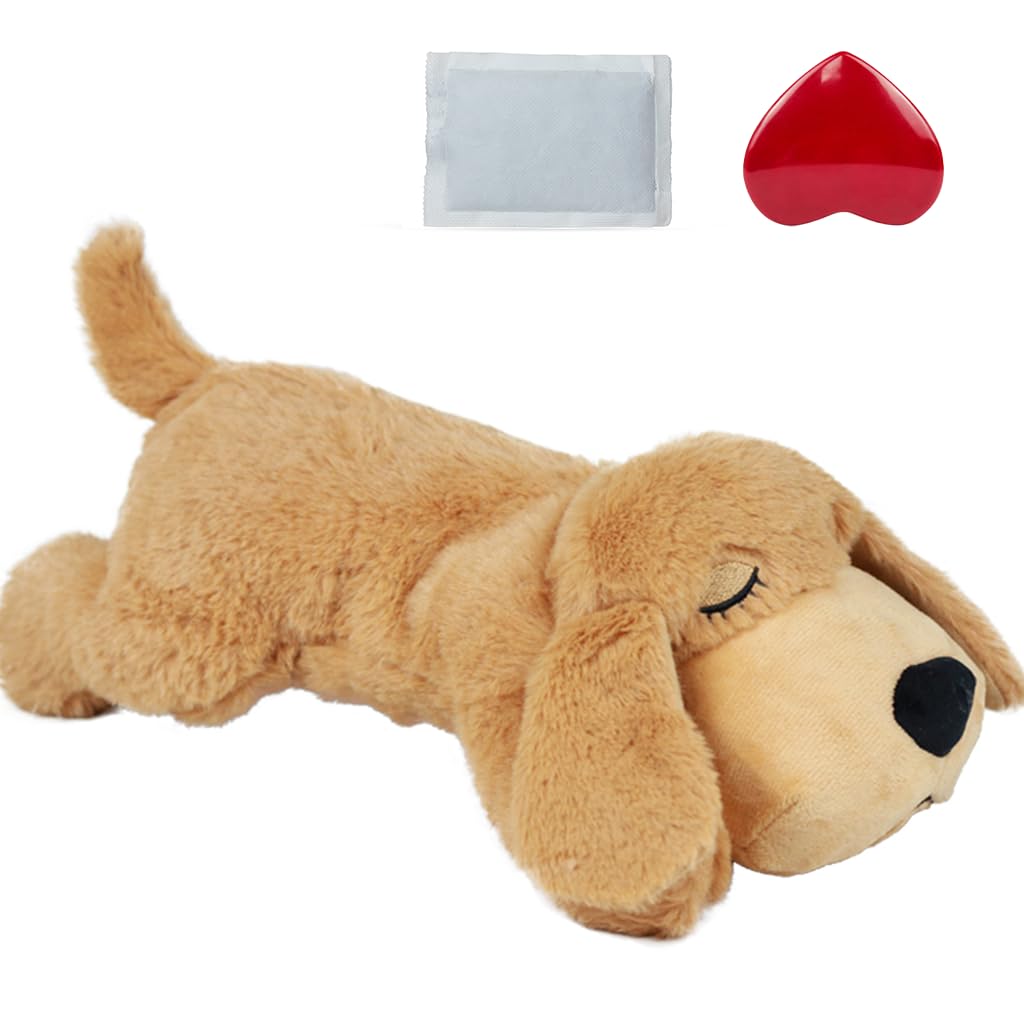 vocheer Puppy Heartbeat Toy, Dog Anxiety Relief Calming Aid Puppy Heartbeat Stuffed Animal Behavioral Training Sleep Aid Comfort Soother Plush Toy for Puppies Dogs Cats,Light Brown