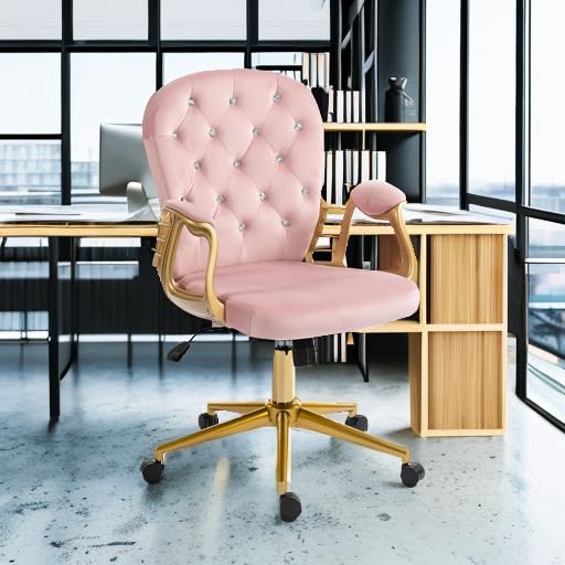 cayglow Velvet Home Office Desk Chair Comfy with Gold Legs and Arms, Comfortable Makeup Vanity Chair with Back and Wheels, Button Tufted Armchair Swivel Rolling Chair for Girls Women Bedroom,Pink