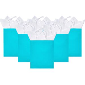 DjinnGlory 50 Pack Medium Size Teal Blue Paper Gift Bags with Handles 10x8x4 Inch and 50 White Tissue Paper for Small Business Wedding Bridal Baby Shower Birthday Party Favors Goodies