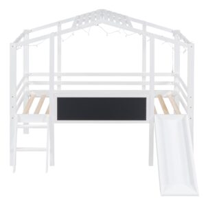 Kids House Bed with Slide, Twin Size Low Loft Bed with Light and Blackboard, Wood Treehouse Loft Bed with Ladder and Slats Support, White