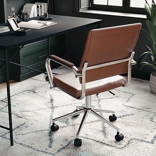 Martha Stewart Piper Swivel Task Chair with Armrests for Home Office in Saddle Brown Faux Leather with Polished Nickel Frame