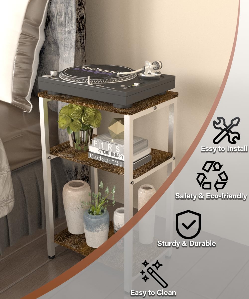 Tigerden 3 Tier Side Table, Heavy Duty End Table with Shelves, Narrow nightstand Table for Small Spaces, Record Player Table for Bedroom, Living Room, Sofa Couch - Rustic Brown & White