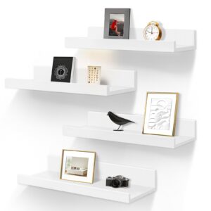 lavie home floating shelves for wall storage set of 4, 16 inch picture ledge shelf, white wall shelves with lip for kitchen, bedroom, bathroom, and living room