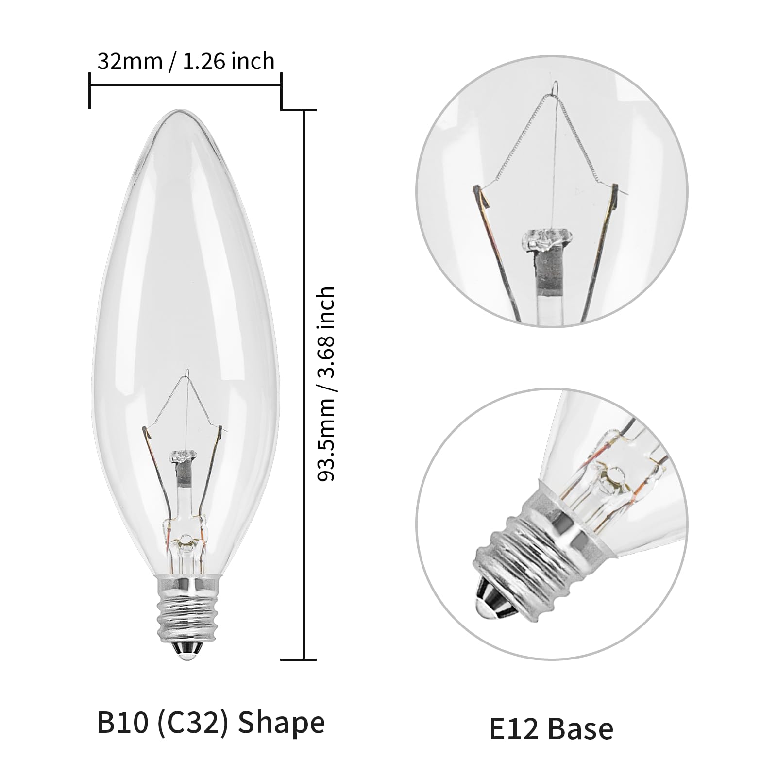 COLWATT 12-Pack E12 Candle Light Bulbs 40W Warm White 2500K, 380 Lumen Dimmable Chandelier Light Bulbs for Ceiling Fan, Pendants or Outdoor, B10 Clear Candelabra Base Bulbs