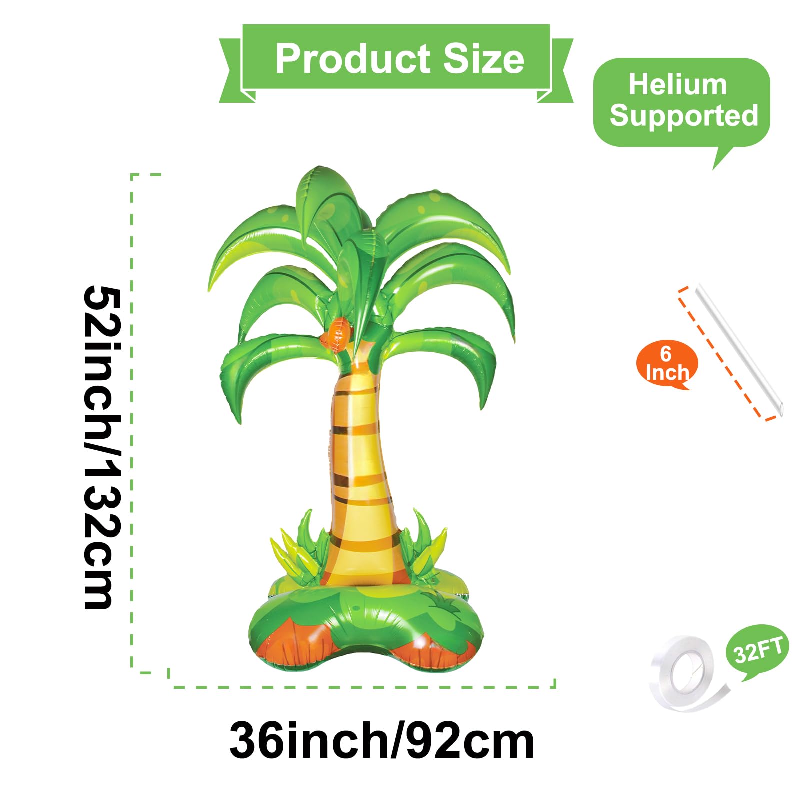 52 Inches Large Inflatable Standing Palm Tree Balloons, Green Blow Up Foil Mylar Coconut Tree Balloons for Birthday Baby Shower Decorations Hawaiian Luau Aloha Tropical Summer Beach Party Supplies