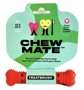 chewmate treatbrush dog chew toy - floss and toothbrush toy for dogs cleans teeth gums and tongue - rubber - dishwasher safe (small)