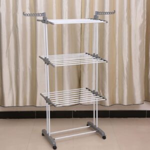 toluon clothes drying rack, movable drying rack with 4 castors, 3 tier clothes horses rack, laundry garment dryer stand with two side wings for home (grey)