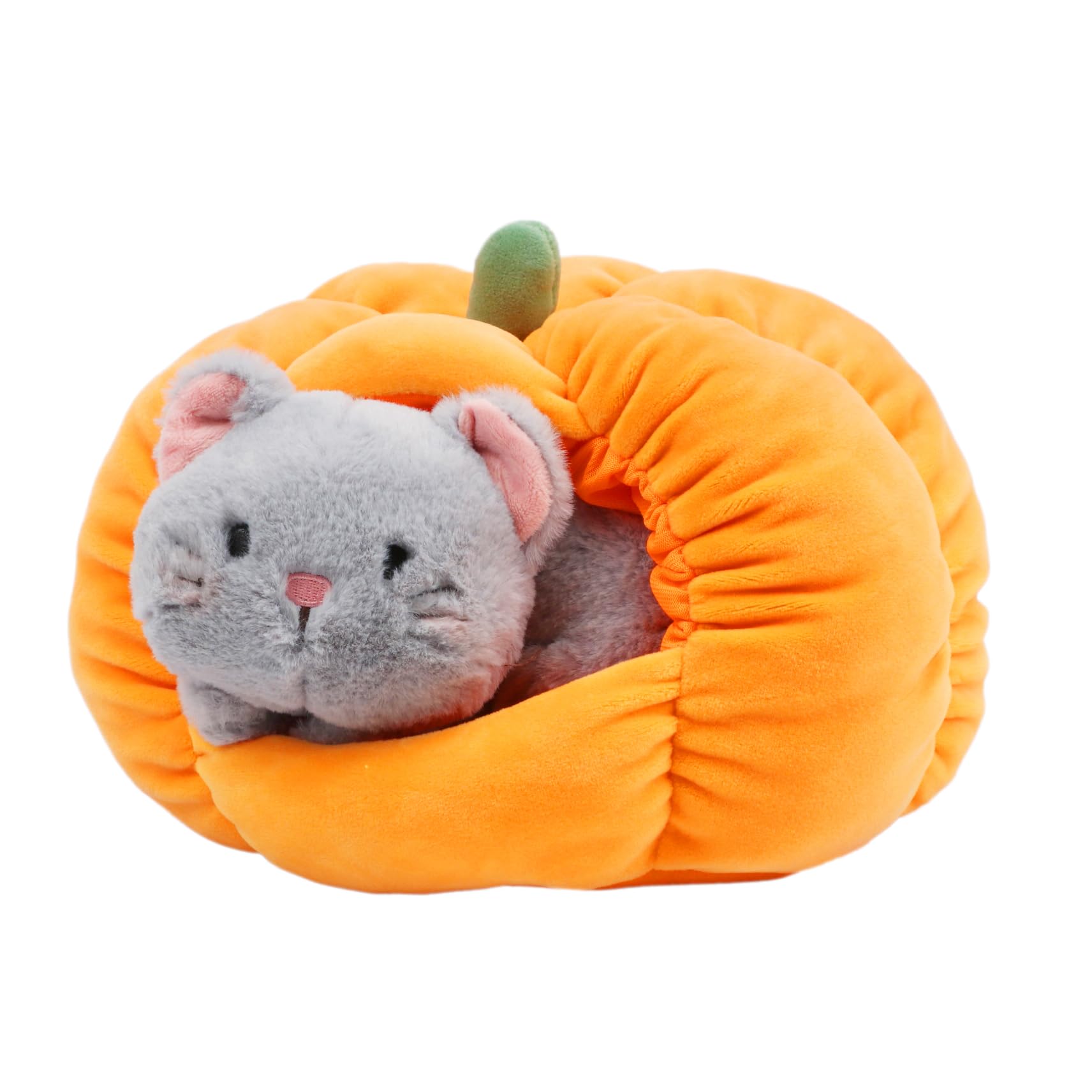 Hopearl Halloween Cat Pumpkin Cave Sufffed Animal 2 in 1 Playset Pet with Pumpkin House Plush Toy Pillow with Separable Kitty Gift for Kids, 9.5''