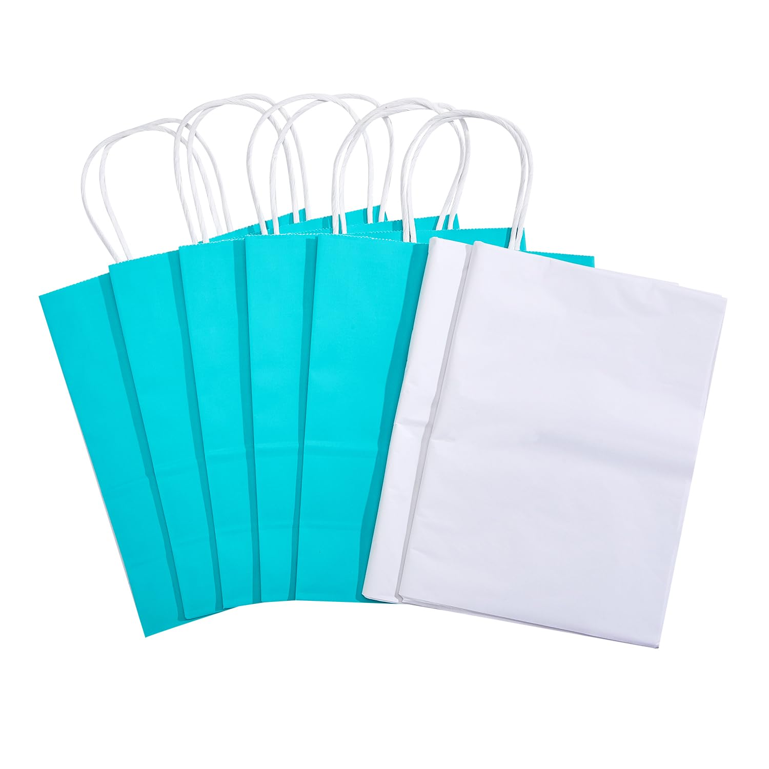 DjinnGlory 50 Pack Medium Size Teal Blue Paper Gift Bags with Handles 10x8x4 Inch and 50 White Tissue Paper for Small Business Wedding Bridal Baby Shower Birthday Party Favors Goodies