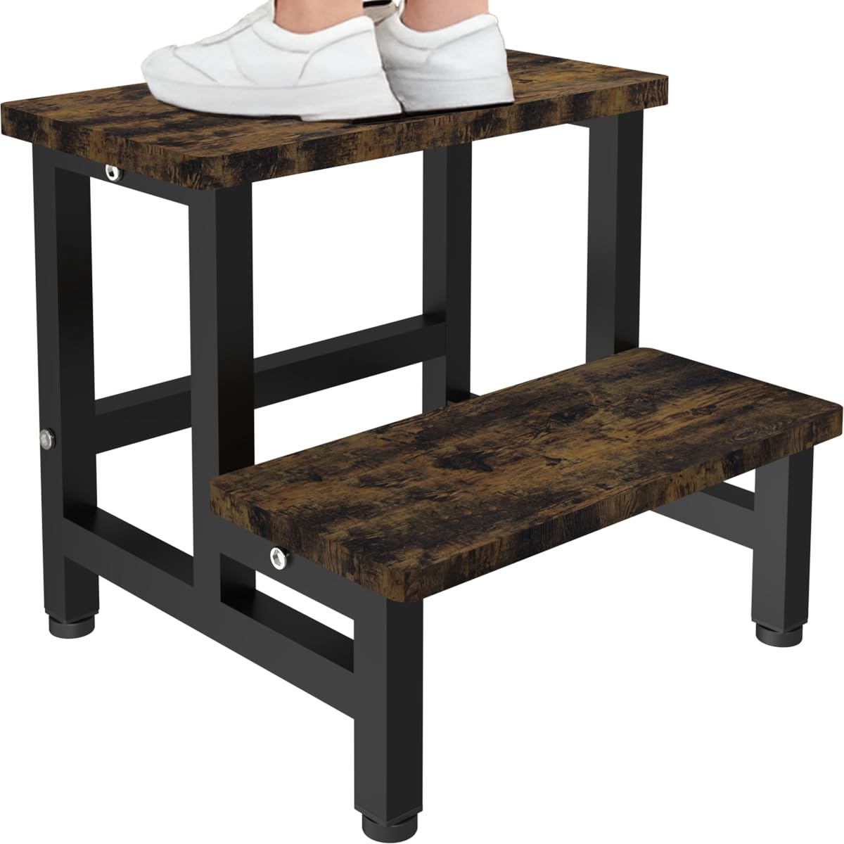 Tigerden Wooden 2 Step Stool for Toddlers Kids and Adults, Heavy Duty Stepping Stools with 500 LB Load Capacity, Foot Step Stool for Bed, Living Room, Bathroom, Kitchen - Rustic Brown & Black