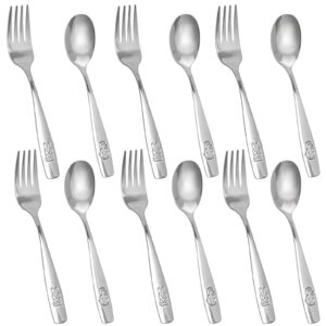 haksen stainless steel toddler utensils set, 12pcs kids safe forks and spoons with bunny and puppy motifs, mirror polished & dishwasher safe