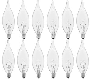 cylyt 12-pack e12 candle light bulbs 40w warm white 2500k, 380 lumen dimmable chandelier light bulbs for ceiling fan, pendants or outdoor, ca10 clear candelabra base bulbs