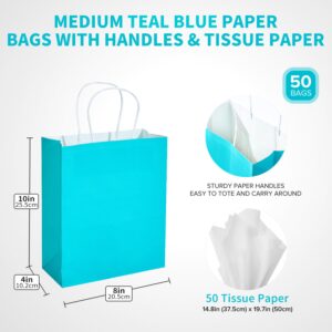 DjinnGlory 50 Pack Medium Size Teal Blue Paper Gift Bags with Handles 10x8x4 Inch and 50 White Tissue Paper for Small Business Wedding Bridal Baby Shower Birthday Party Favors Goodies