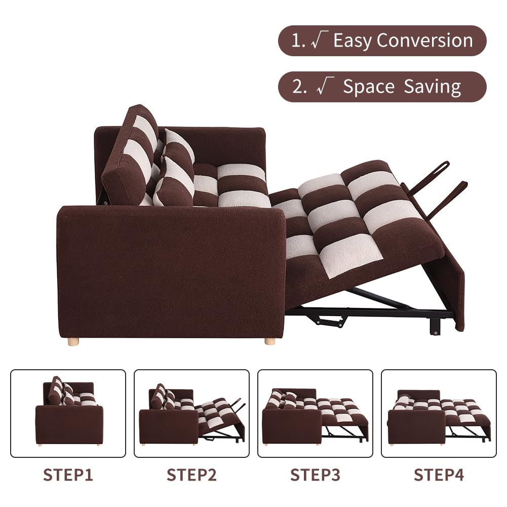 Otnqu Lonvertible Sofa Bed - 3 in 1 Loveseat Sleeper Sofa,Pull Out Sleeper Bed with Adjustable Backrest,Multi-Functiona Lounge Chair with Teddy Fabric for Living Room(Brown+Beige)