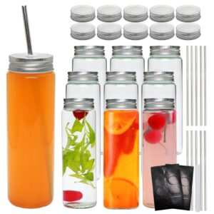 14 oz glass juicing bottles with airtight lids, reusable drinking jars with straw & lids with hole, glass water bottles for juice, beverage, smoothie, tea, kombucha, homemade drinks (10 pack)