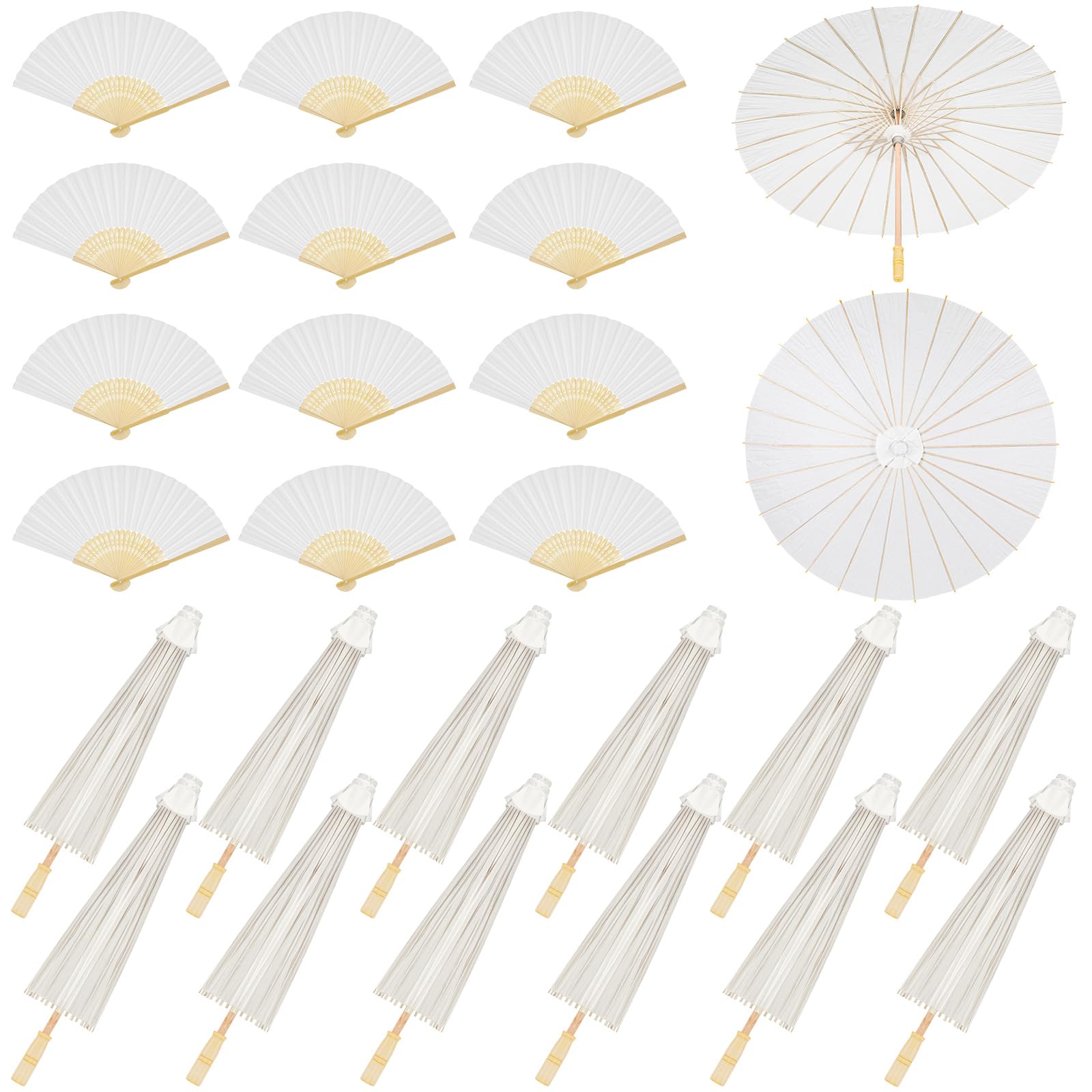 Paterr 24 Pcs 33'' Paper Umbrellas 8'' Paper Fans Decorative Chinese Japanese Parasol DIY Oiled Paper Painting Crafts for Wedding Bridal Party Favor Photography Prop, White