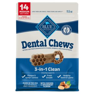 blue buffalo medium dental chews for dogs, daily dental care dog treats made in the usa with natural ingredients, chicken & spearmint (14 count)