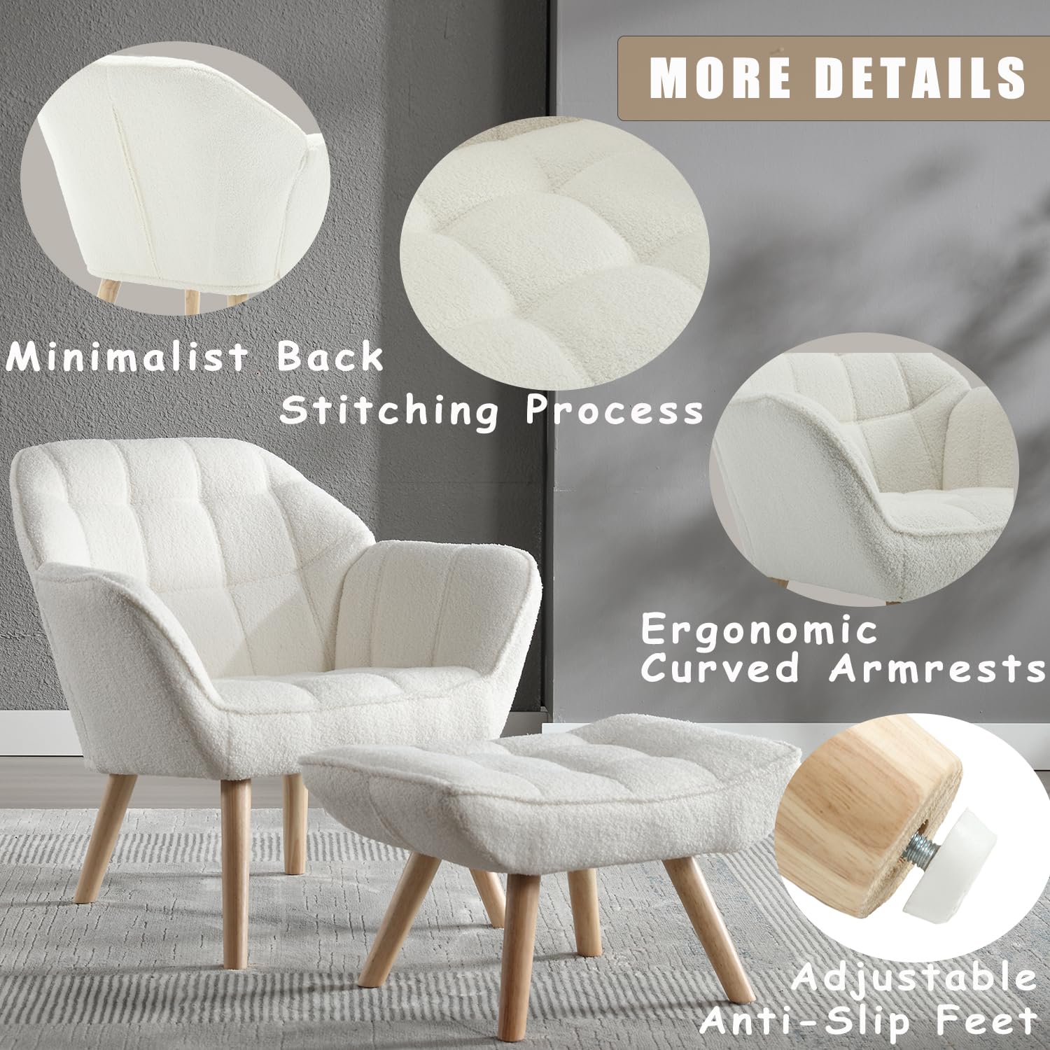 ZH4YOU Sherpa Accent Chair with Ottoman, Modern Lounge Chair with Footrest Upholstered Sofa Armchair with Wood Legs Comfy Reading Chair for Small Spaces/Living Room/Bedroom/Apartment, White