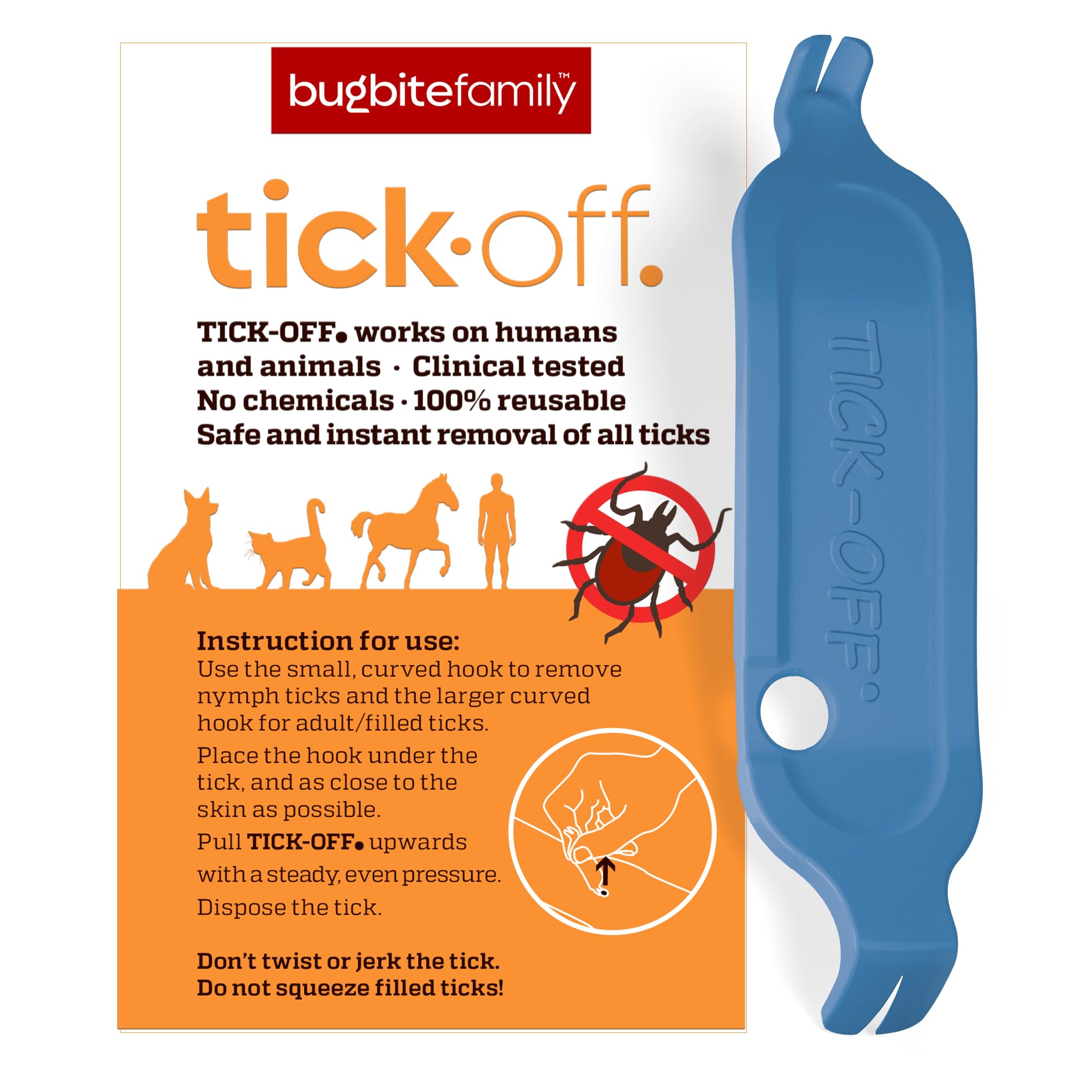 tick-off - Patented Tick Remover with 2 Sizes Tick Hook & Ergonomic Handle Double-Sided Tick Tweezers for People Dogs Cats Horses | Clinically Tested | Single Pack Blue