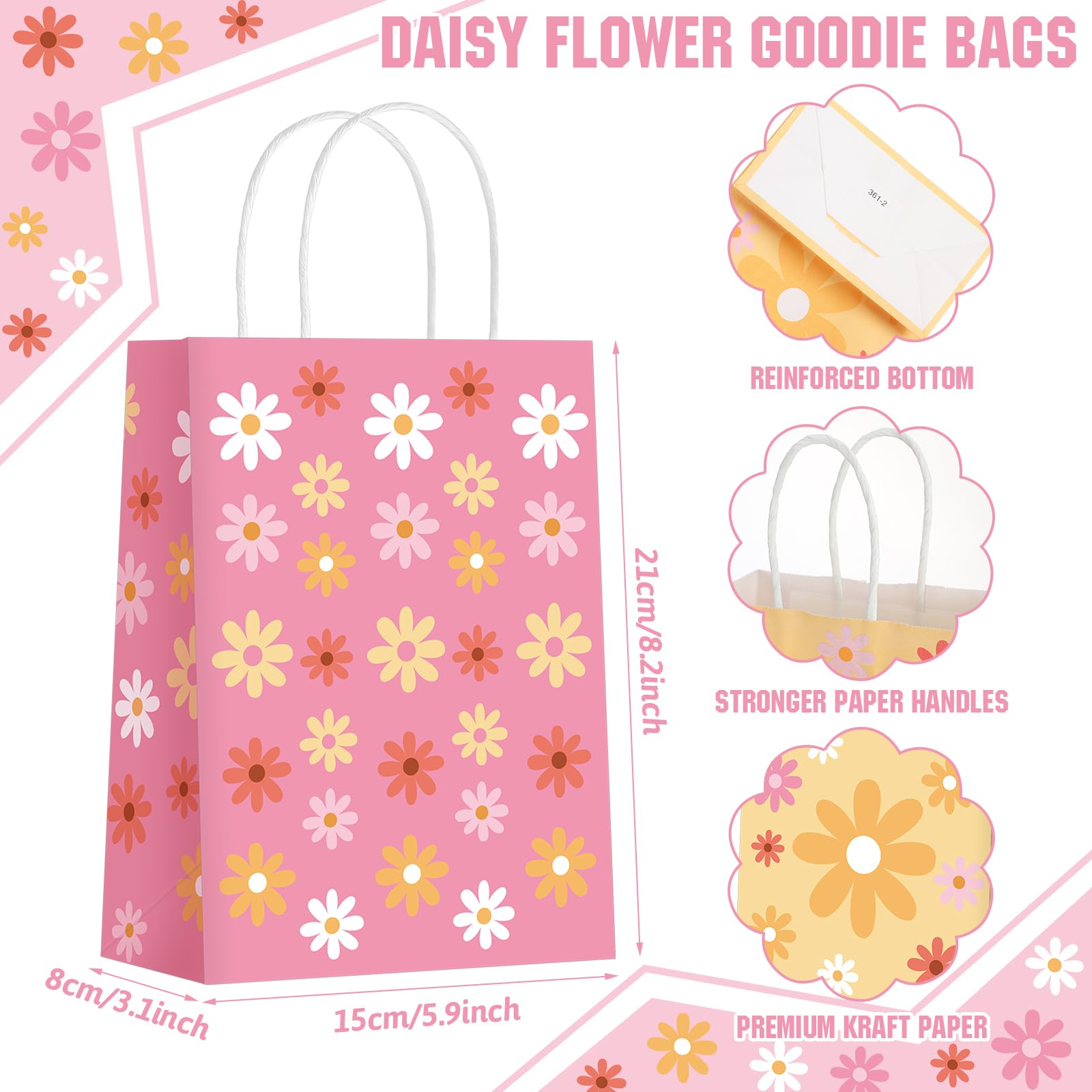 Glenmal 24 Pieces Daisy Flower Gift Bags Bulk Boho Daisy Party Favors Bags Daisy Goodie Treat Candy Bags with Handles for Girls Wedding Retro Birthday Baby Shower Spring Party Decorations Supplies