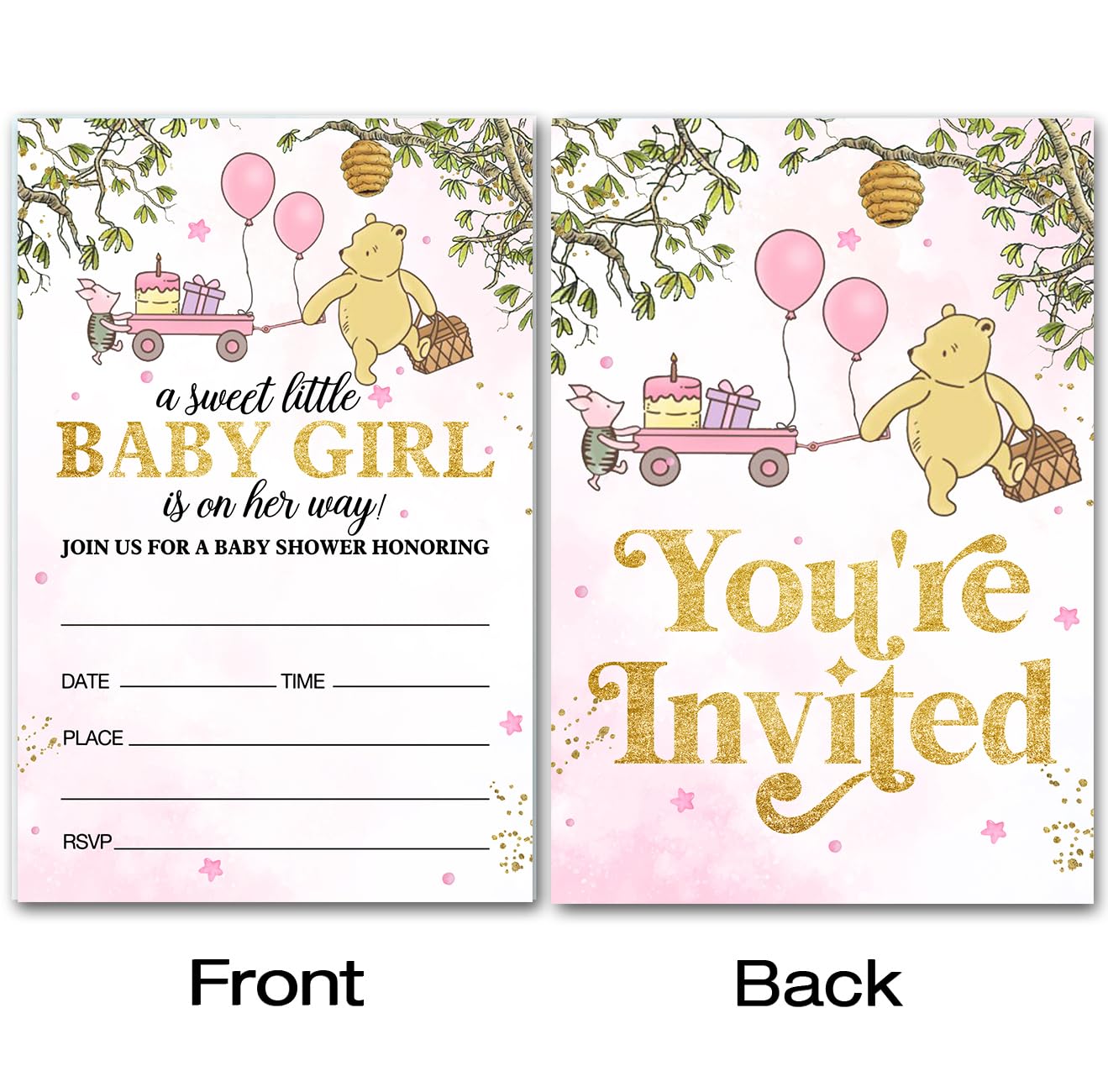 brayqu Winnie the Pooh Girl Baby Shower Party Invitations Pink Baby Shower Girl Party Invites (20 Cards with Envelopes)