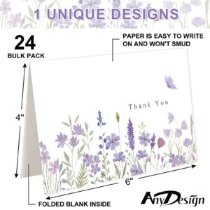 AnyDesign 24 Pack Wildflower Thank You Cards Bulk Purple Flower Greeting Cards with Envelope Sticker Floral Blank Note Cards for Birthday Wedding Baby Shower Bridal Shower, 4 x 6 Inch