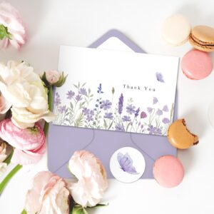 AnyDesign 24 Pack Wildflower Thank You Cards Bulk Purple Flower Greeting Cards with Envelope Sticker Floral Blank Note Cards for Birthday Wedding Baby Shower Bridal Shower, 4 x 6 Inch