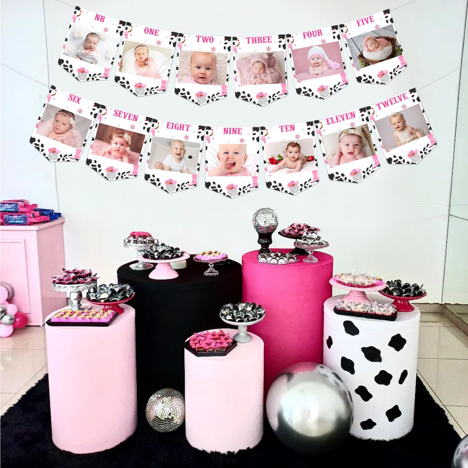 Space Cowgirl 1st Birthday Photo Banner Pink For Girls, Western Disco Monthly Milestone Photograph Bunting Garland, My First Rodeo Birthday Baby Shower Decorations for Baby from Newborn to 12 Months