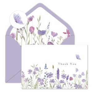 anydesign 24 pack wildflower thank you cards bulk purple flower greeting cards with envelope sticker floral blank note cards for birthday wedding baby shower bridal shower, 4 x 6 inch