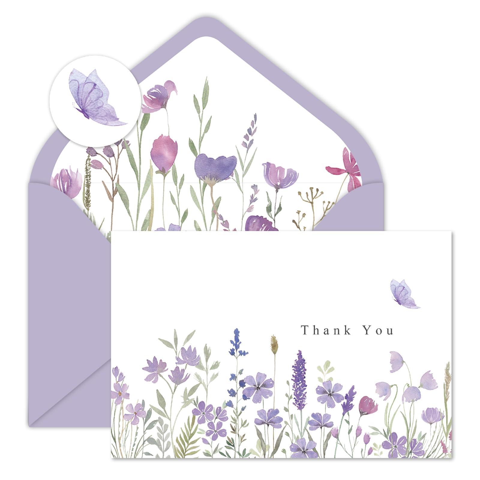 AnyDesign 24 Pack Wildflower Thank You Cards Bulk Purple Flower Greeting Cards with Envelope Sticker Floral Blank Note Cards for Birthday Wedding Baby Shower Bridal Shower, 4 x 6 Inch