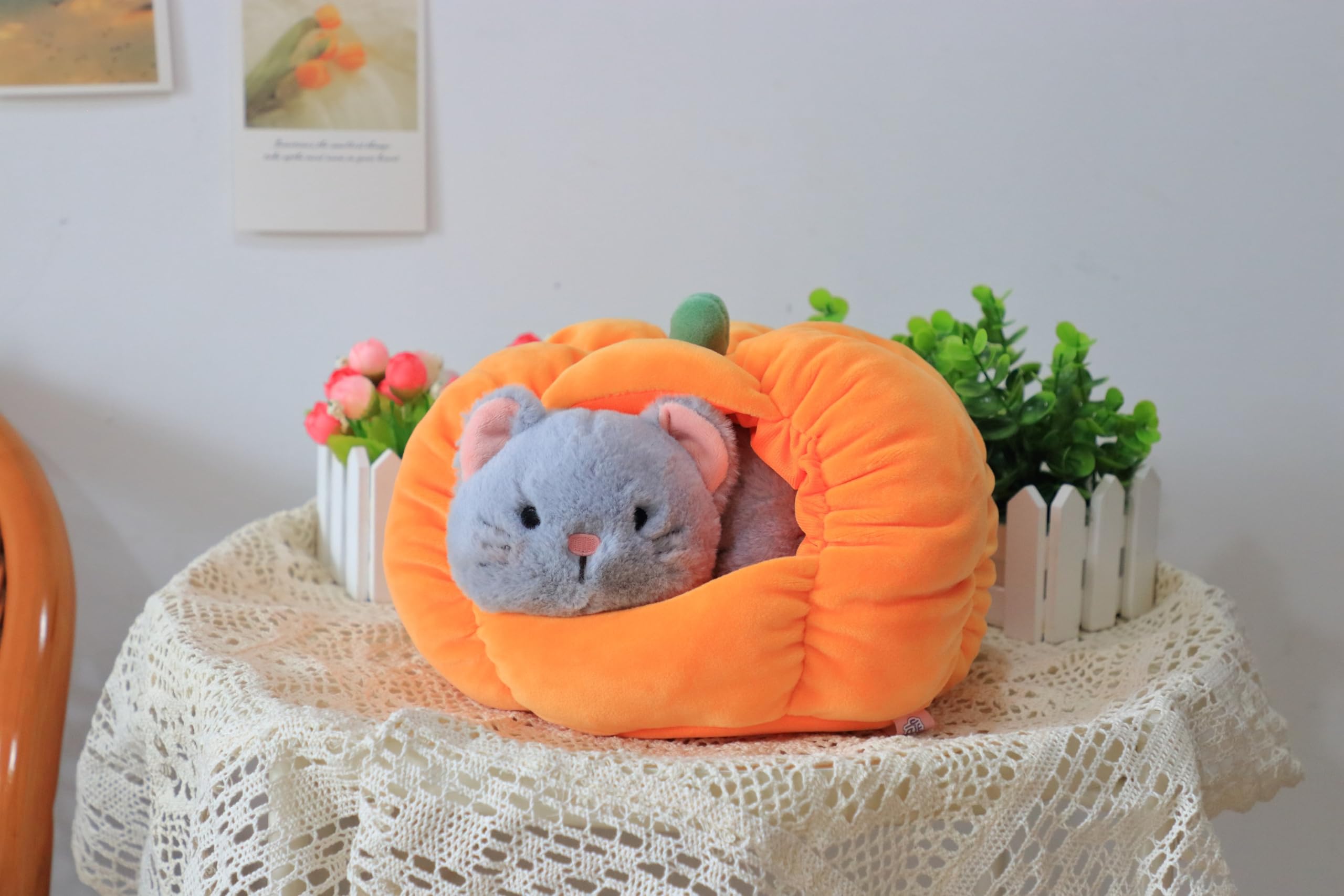 Hopearl Halloween Cat Pumpkin Cave Sufffed Animal 2 in 1 Playset Pet with Pumpkin House Plush Toy Pillow with Separable Kitty Gift for Kids, 9.5''