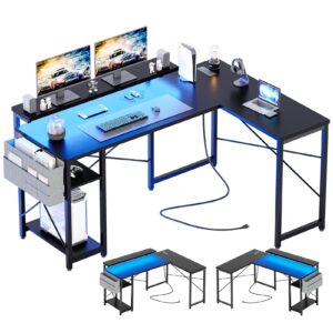 jojoka l shaped computer gaming desk with power outlet & led light, 54 inch reversible modern office computer desk, corner desk with usb charging port & storage bag (black)