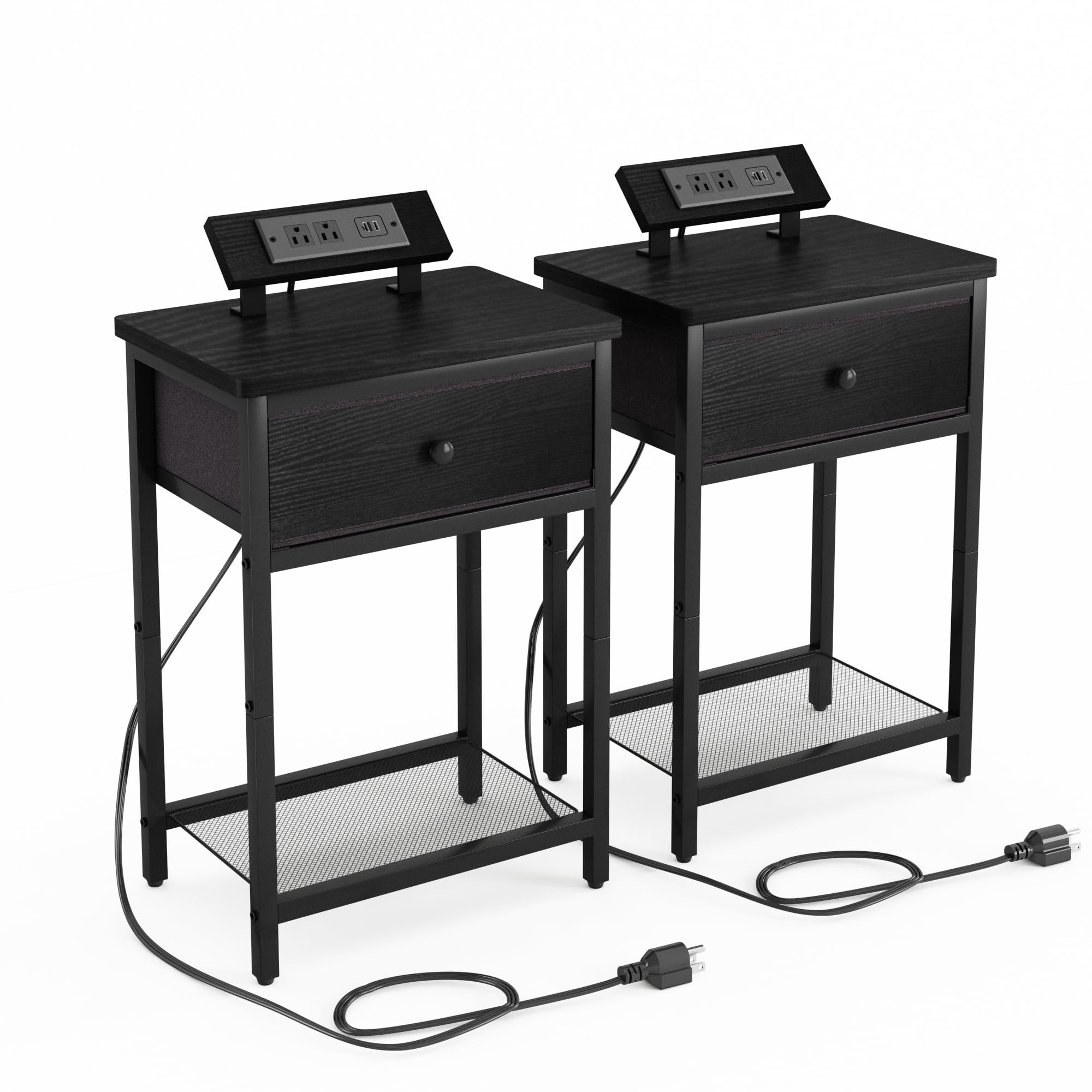 Fixwal Black Nightstands Set of 2 with Charging Station, Night Stand End Table with USB Ports & Outlets, Bedside Table with Fabric Drawer for Room, Bedroom