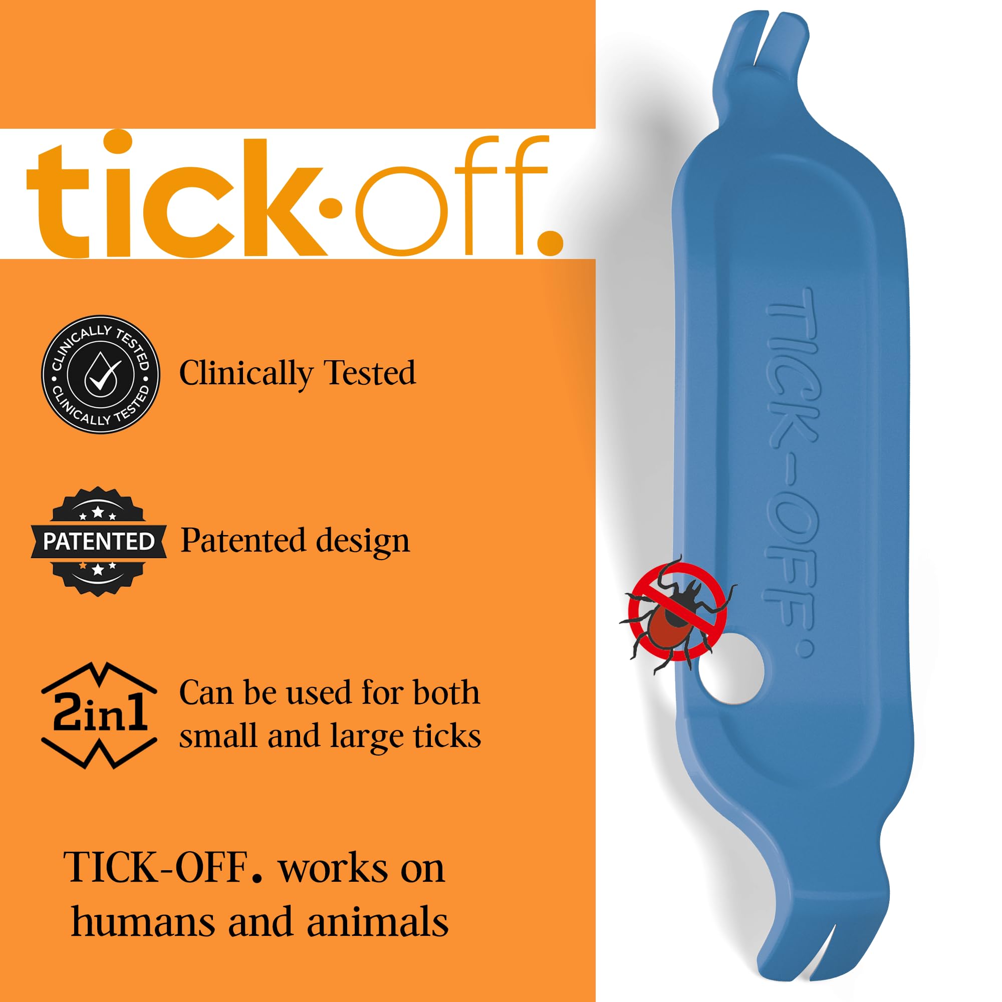 tick-off - Patented Tick Remover with 2 Sizes Tick Hook & Ergonomic Handle Double-Sided Tick Tweezers for People Dogs Cats Horses | Clinically Tested | Single Pack Blue