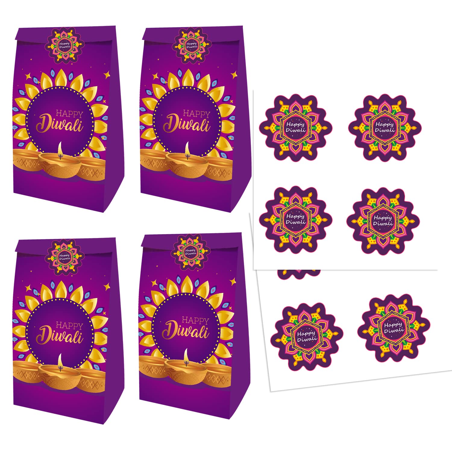 HABDJILTY 20Pcs Happy Diwali Gift Bags + 20pcs Stickers,Festival of Lights Gifts Bags for Birthday Gift Packs Snacks Candy Bags Diwali Party Favor