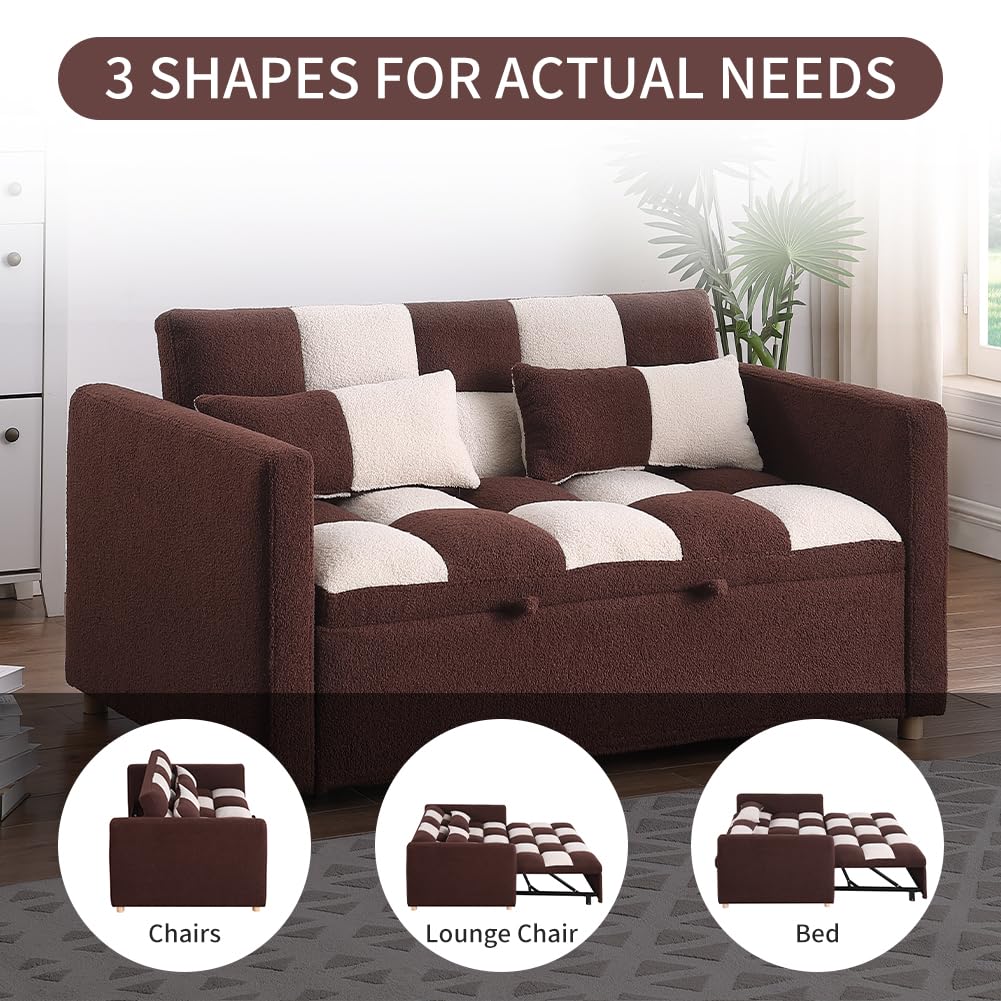 Otnqu Lonvertible Sofa Bed - 3 in 1 Loveseat Sleeper Sofa,Pull Out Sleeper Bed with Adjustable Backrest,Multi-Functiona Lounge Chair with Teddy Fabric for Living Room(Brown+Beige)