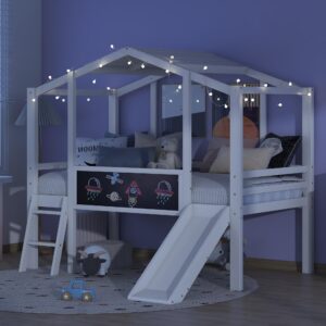 Kids House Bed with Slide, Twin Size Low Loft Bed with Light and Blackboard, Wood Treehouse Loft Bed with Ladder and Slats Support, White