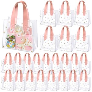 clysee 24 pcs clear gift bags with handles daisy clear plastic gift wrap bag reusable transparent pvc tote bag goodie gift packing bag for valentine's day wedding shopping baby shower birthday(pink)