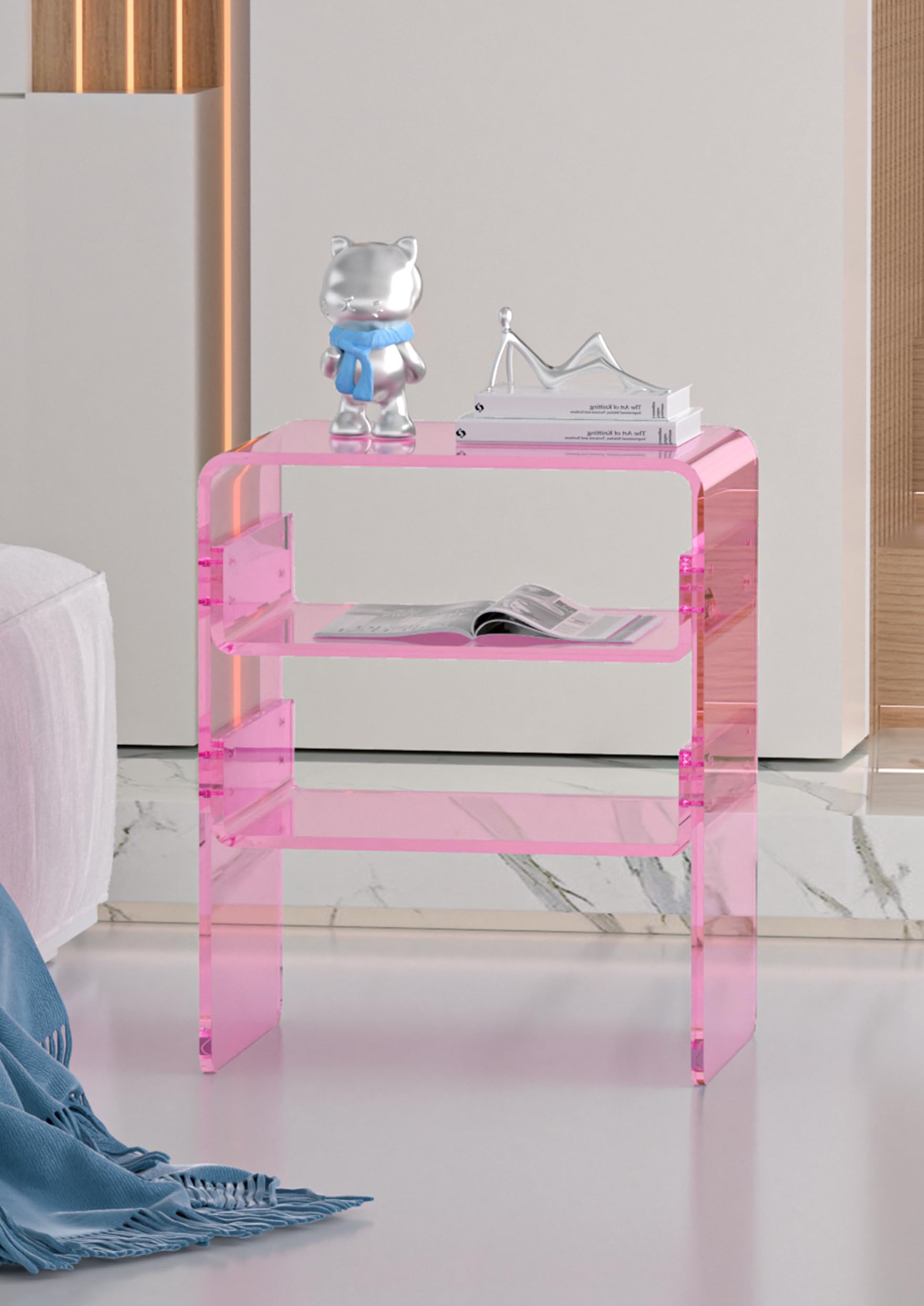 Clear Acrylic 3-Tier End Table/Nightstand – Sleek Bedside Storage with Durable Design, Perfect for Bedrooms, Living Rooms, or Modern Interiors – Ideal as a Bedside Table or Sofa Side Piece (Pink)