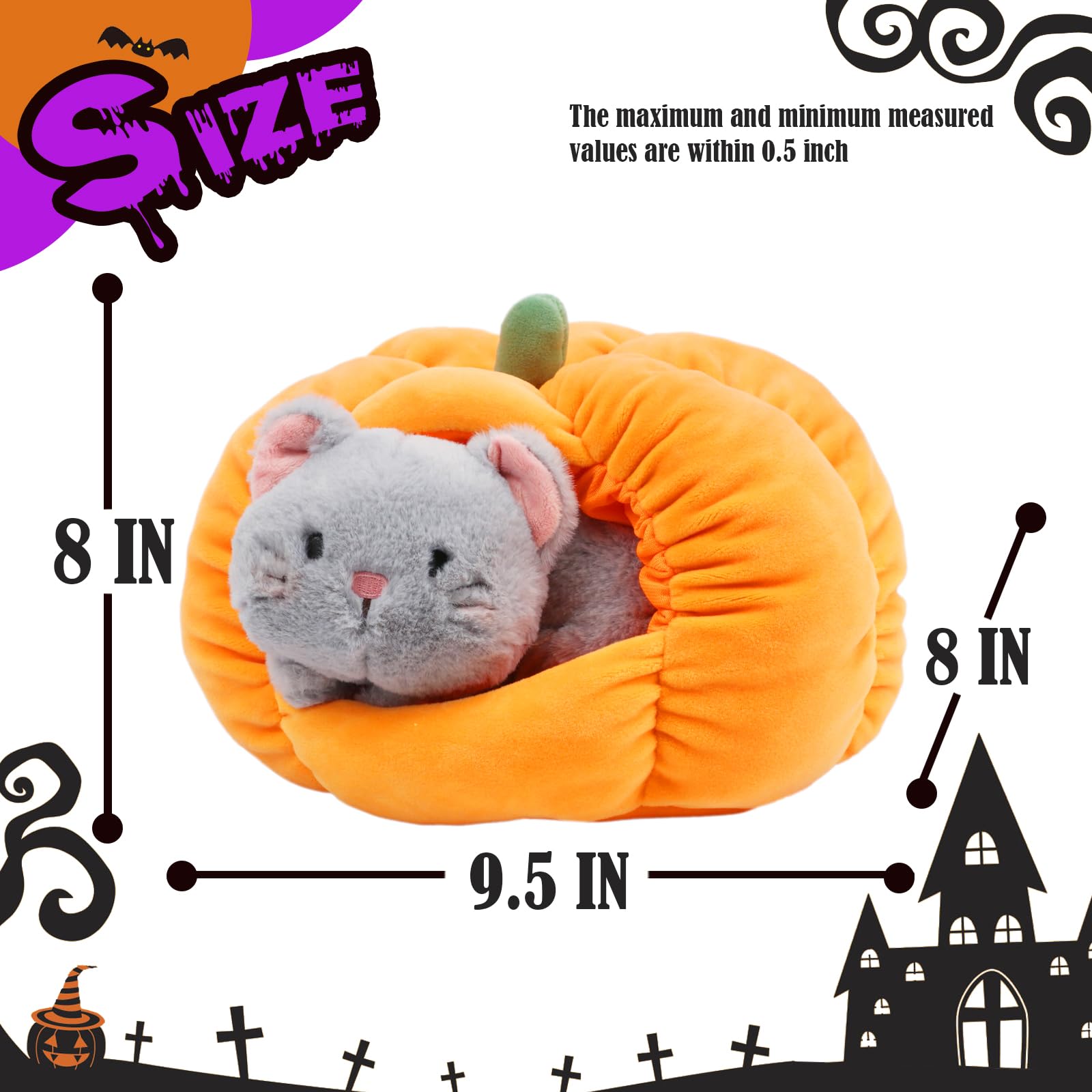 Hopearl Halloween Cat Pumpkin Cave Sufffed Animal 2 in 1 Playset Pet with Pumpkin House Plush Toy Pillow with Separable Kitty Gift for Kids, 9.5''