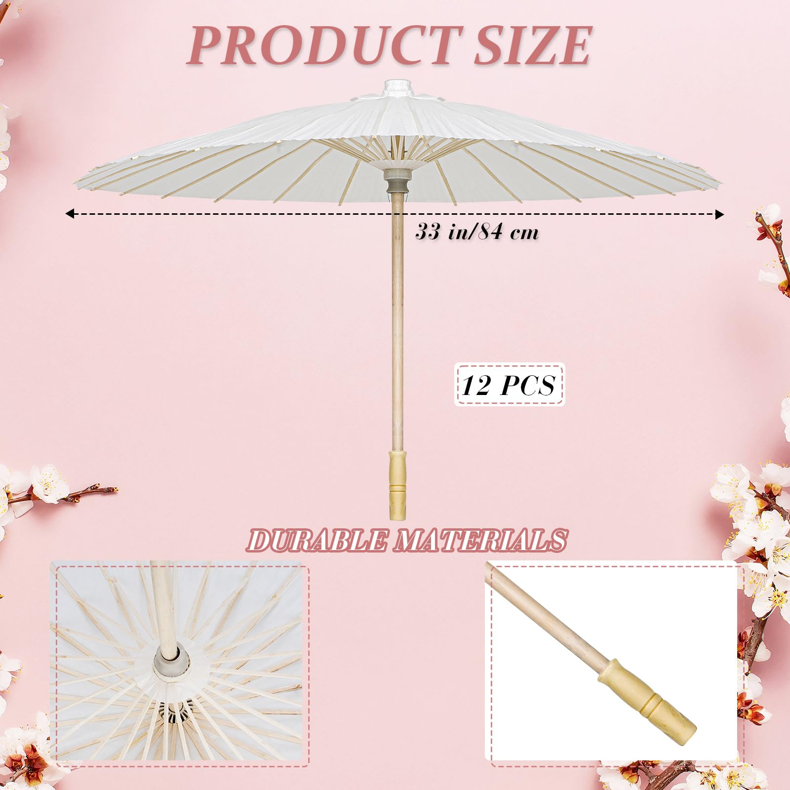 Paterr 24 Pcs 33'' Paper Umbrellas 8'' Paper Fans Decorative Chinese Japanese Parasol DIY Oiled Paper Painting Crafts for Wedding Bridal Party Favor Photography Prop, White