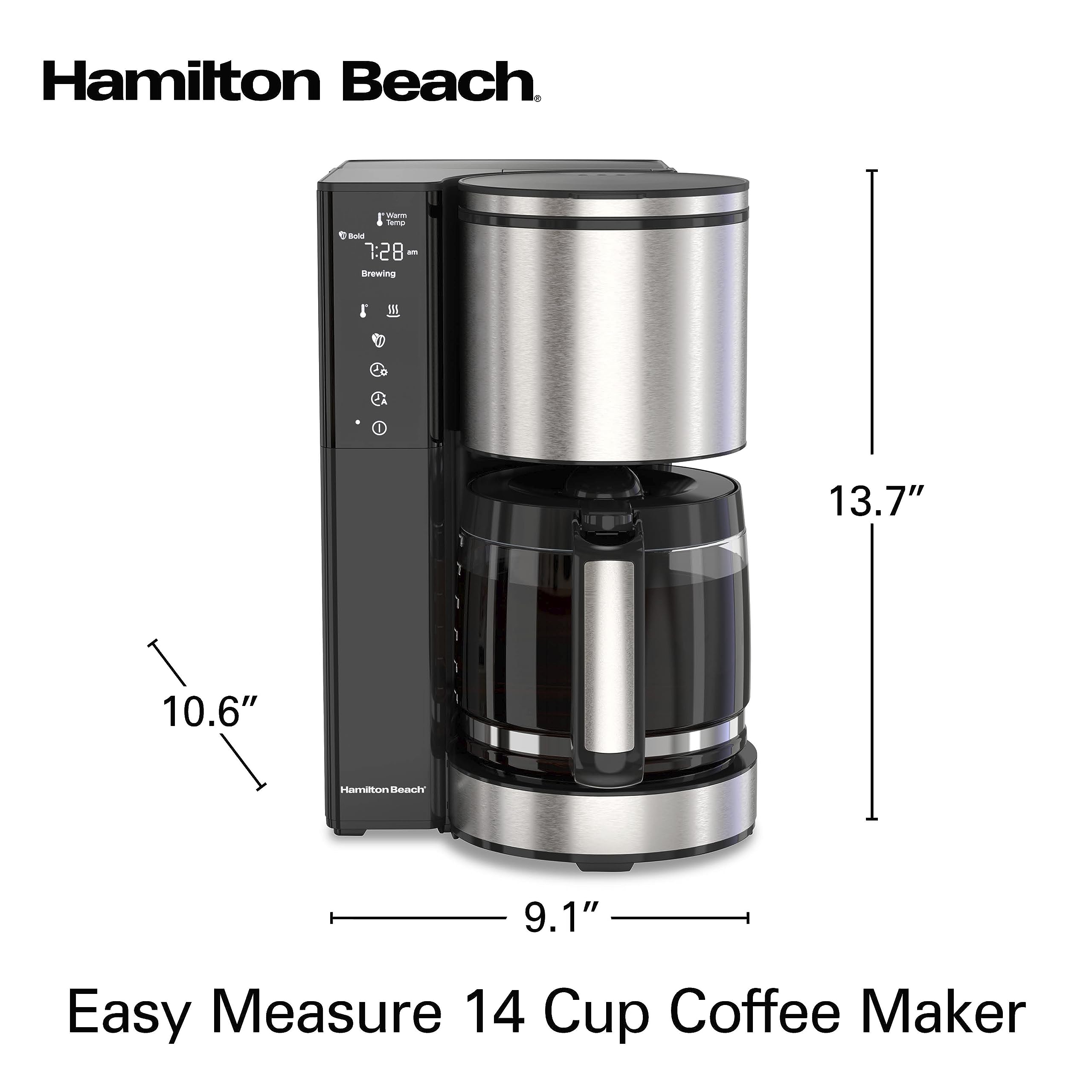 Hamilton Beach 14 Cup Programmable Coffee Maker with Easy Measure Light Up Reusable Filter, Removable 70 Oz. Water Reservoir, Black and Stainless Steel